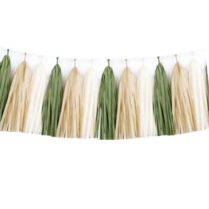 15 Pcs DIY Olive Green Tan Brown Nude Cream Tissue Paper Tassel Garland Party Banner for Eucalyptus Greenery Baby Shower Woodland Jungle Tropical Nature Theme Birthday Wedding Party Decoration