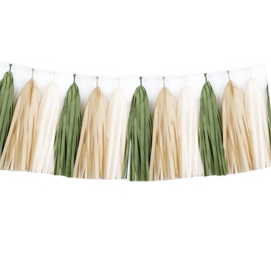 15 Pcs DIY Olive Green Tan Brown Nude Cream Tissue Paper Tassel Garland Party Banner for Eucalyptus Greenery Baby Shower Woodland Jungle Tropical Nature Theme Birthday Wedding Party Decoration