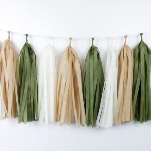 15 Pcs DIY Olive Green Tan Brown Nude Cream Tissue Paper Tassel Garland Party Banner for Eucalyptus Greenery Baby Shower Woodland Jungle Tropical Nature Theme Birthday Wedding Party Decoration