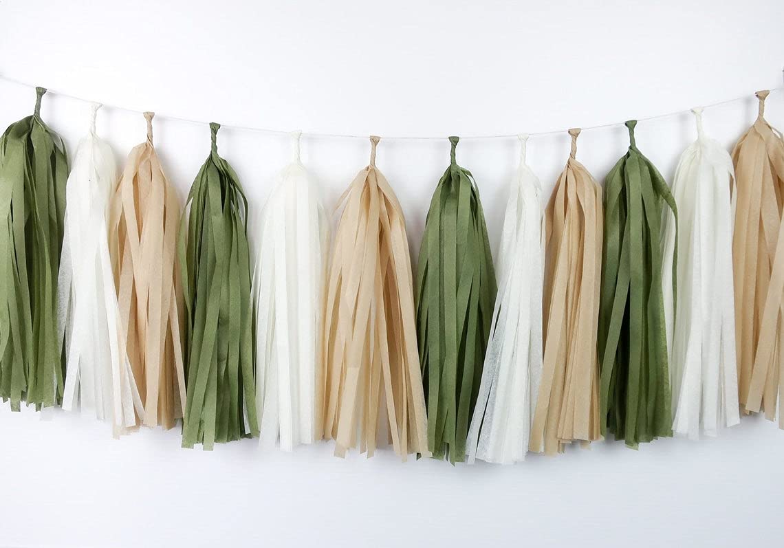 15 Pcs DIY Olive Green Tan Brown Nude Cream Tissue Paper Tassel Garland Party Banner for Eucalyptus Greenery Baby Shower Woodland Jungle Tropical Nature Theme Birthday Wedding Party Decoration