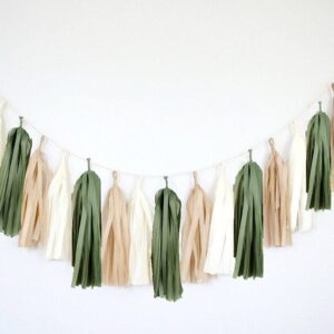 15 Pcs DIY Olive Green Tan Brown Nude Cream Tissue Paper Tassel Garland Party Banner for Eucalyptus Greenery Baby Shower Woodland Jungle Tropical Nature Theme Birthday Wedding Party Decoration