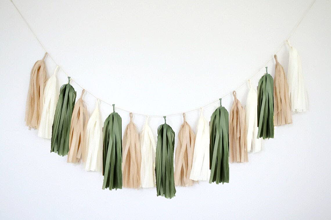 15 Pcs DIY Olive Green Tan Brown Nude Cream Tissue Paper Tassel Garland Party Banner for Eucalyptus Greenery Baby Shower Woodland Jungle Tropical Nature Theme Birthday Wedding Party Decoration