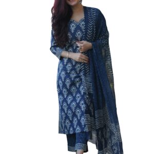 Amayra Women's Rayon Printed Straight Kurti with Palazzos and Dupatta Set(Blue,M)