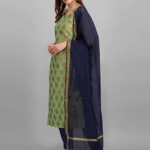 VredeVogel Women's Motifs Silk Blend Kurta Pant and Chanderi Dupatta Set, Pista