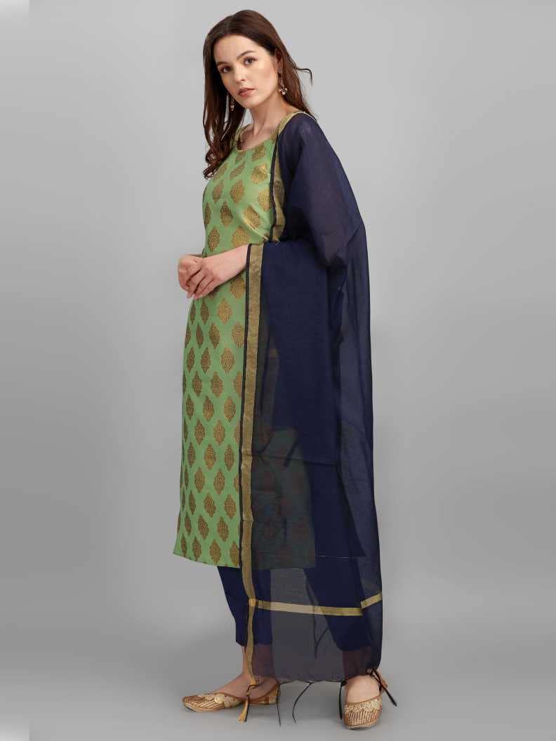 VredeVogel Women's Motifs Silk Blend Kurta Pant and Chanderi Dupatta Set, Pista