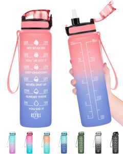 enerbone 32 oz water bottle, leakproof bpa & toxic free, motivational water bottle with times to drink and straw, fitness sports water bottle with strap for office, gym, outdoor sports, pink-blue