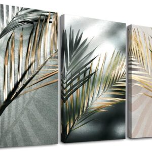 Sdmikeflax Botanical Wall art for Living Room Tropical Plant Wall Art Canvas Prints Set Bathroom Decor Wall Art, Contemporary Green Gold Wall Art for Bedroom, Modern Wall Pictures Office Wall Art