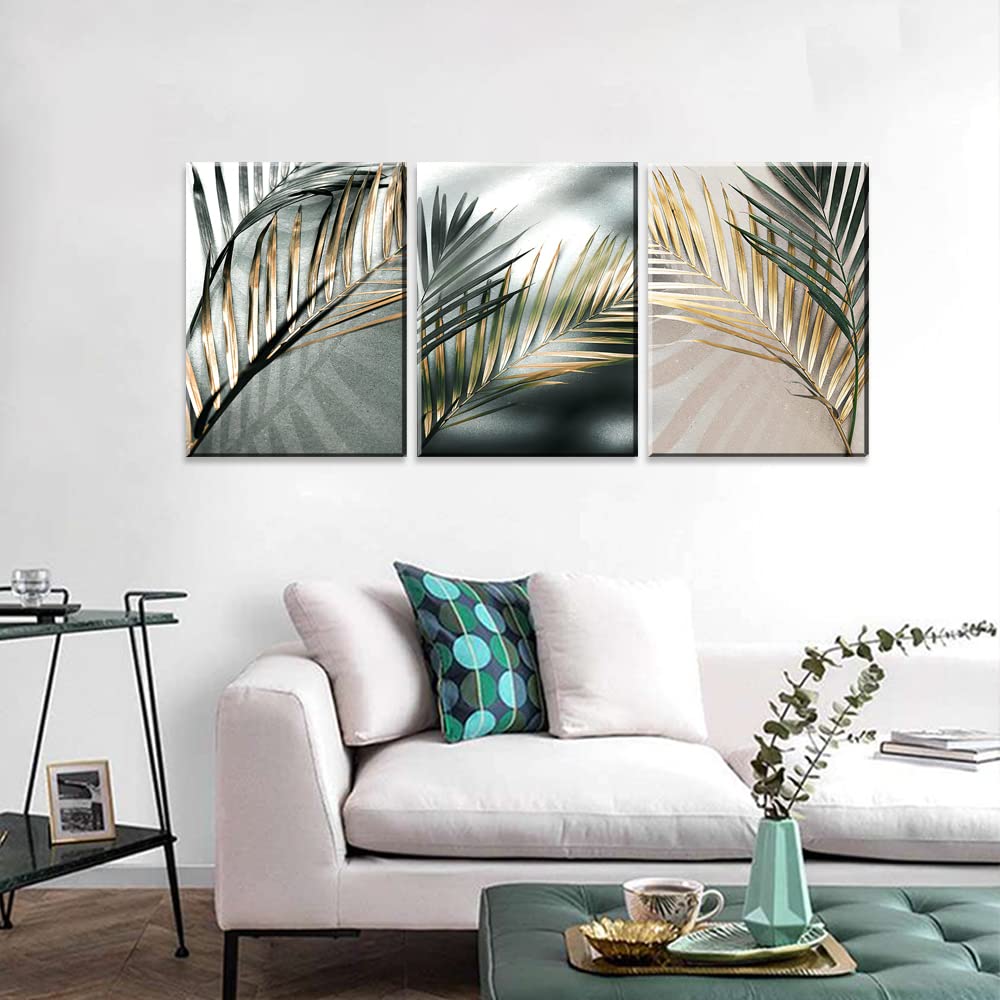 Sdmikeflax Botanical Wall art for Living Room Tropical Plant Wall Art Canvas Prints Set Bathroom Decor Wall Art, Contemporary Green Gold Wall Art for Bedroom, Modern Wall Pictures Office Wall Art