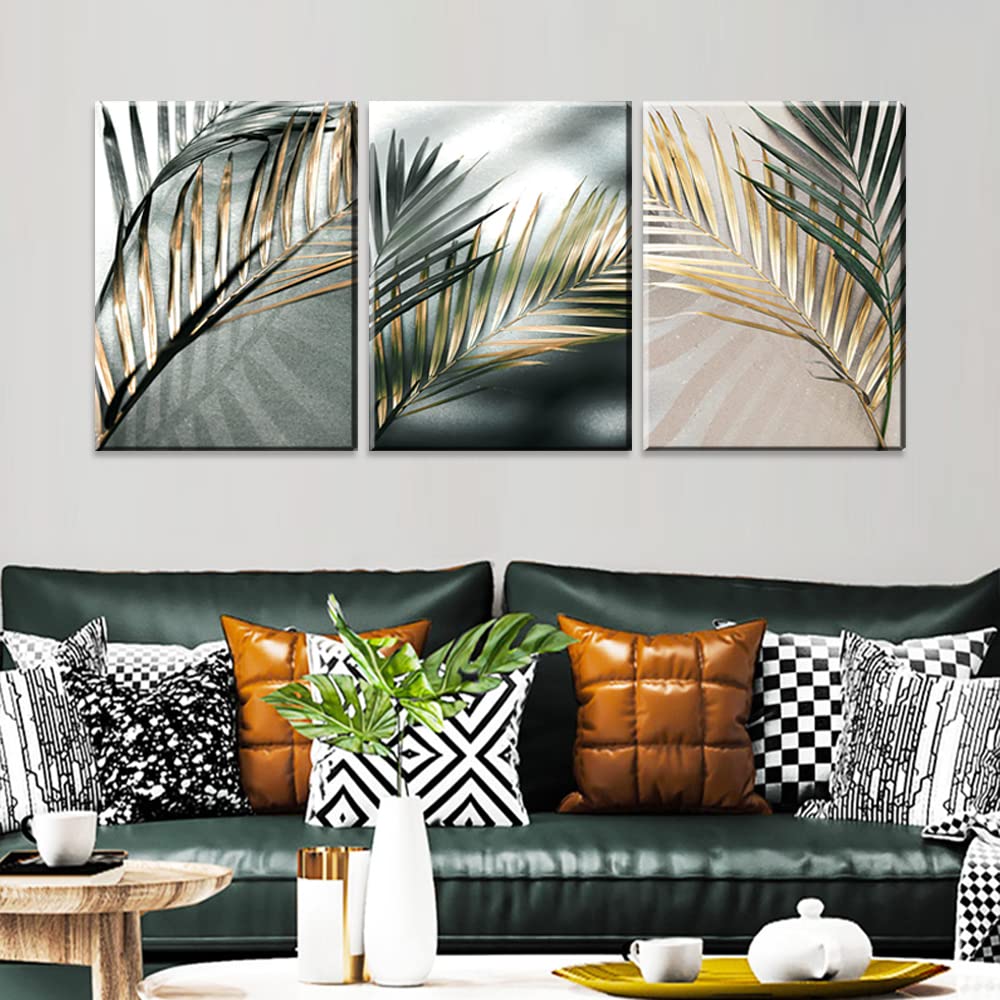 Sdmikeflax Botanical Wall art for Living Room Tropical Plant Wall Art Canvas Prints Set Bathroom Decor Wall Art, Contemporary Green Gold Wall Art for Bedroom, Modern Wall Pictures Office Wall Art