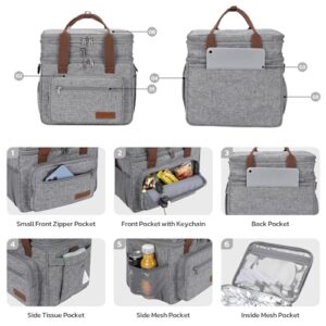 Maelstrom Lunch Bag Women,23L Insulated Lunch Box for Men Women,Expandable Double Deck Lunch Cooler Bag,Lightweight Leakproof Lunch Tote Bag with Side Tissue Pocket,Gray