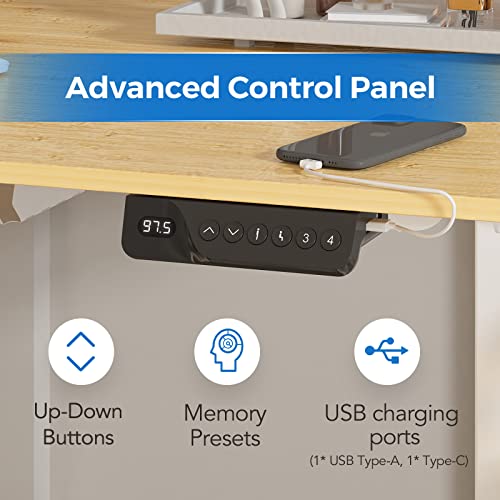 FLEXISPOT Standing Desk Electric Sit Stand Desk with 48 x 24 Inches Ergonomic Memory Controller Adjustable Height Desk with USB Charging Ports(White Frame + Honey Wheat Desktop)