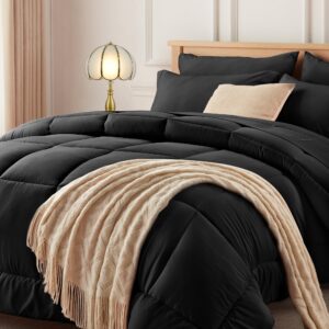 newspin full bed in a bag - 7 pieces black comforter set, lightweight all season bedding comforter set with comforter, flat sheet, fitted sheet, pillowcases & shams