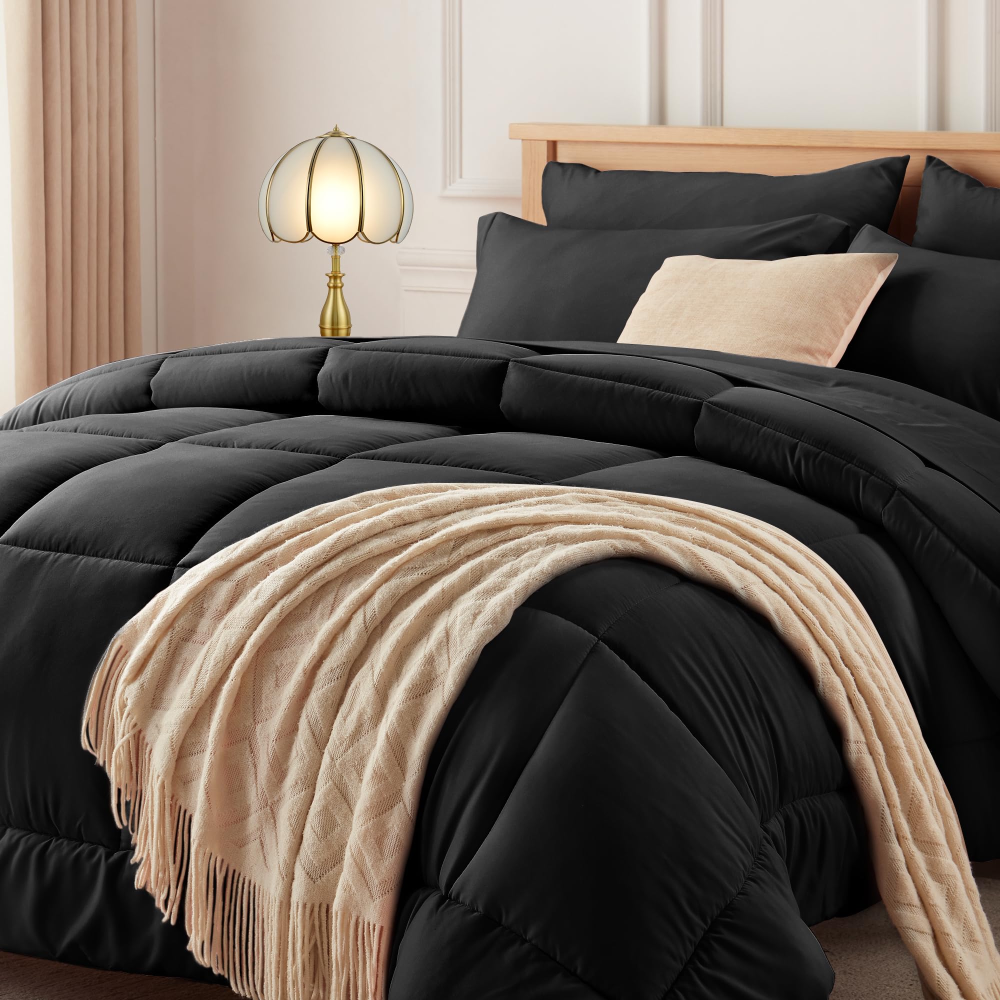 Newspin Full Bed in a Bag - 7 Pieces Black Comforter Set, Lightweight All Season Bedding Comforter Set with Comforter, Flat Sheet, Fitted Sheet, Pillowcases & Shams