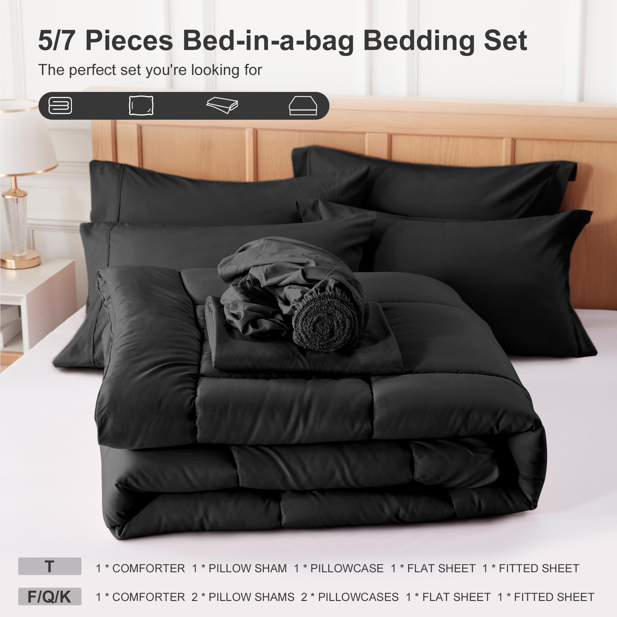 Newspin Full Bed in a Bag - 7 Pieces Black Comforter Set, Lightweight All Season Bedding Comforter Set with Comforter, Flat Sheet, Fitted Sheet, Pillowcases & Shams