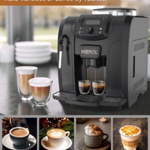 MEROL Automatic Espresso Coffee Machine, 19 Bar Barista Pump Coffee Maker with Grinder and Manual Milk Frother Steam Wand for Cappuccino Latte Macchiato, Black