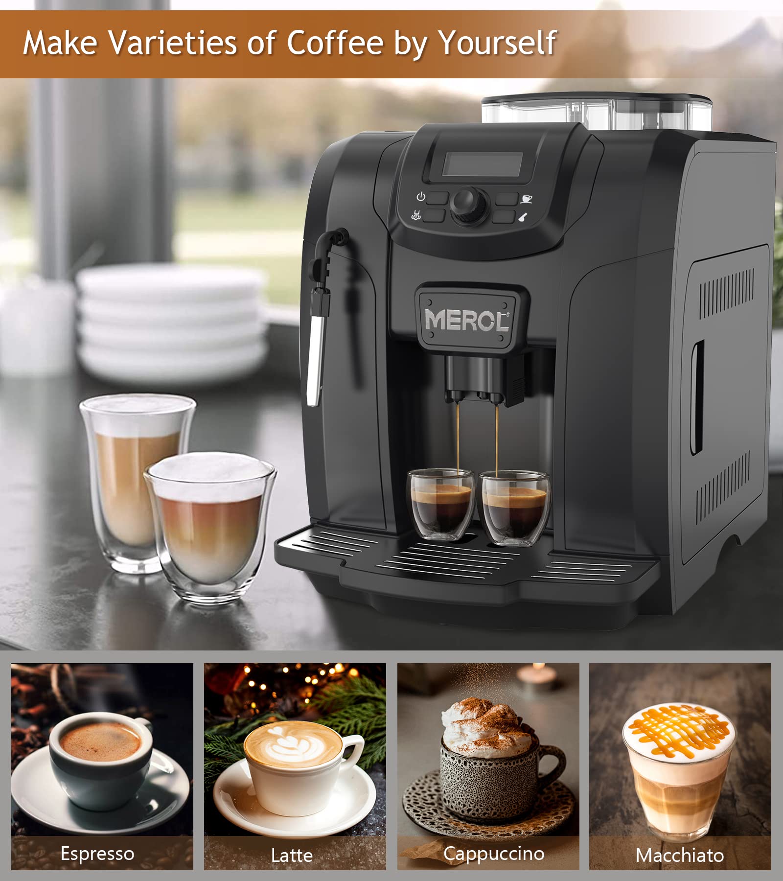 MEROL Automatic Espresso Coffee Machine, 19 Bar Barista Pump Coffee Maker with Grinder and Manual Milk Frother Steam Wand for Cappuccino Latte Macchiato, Black