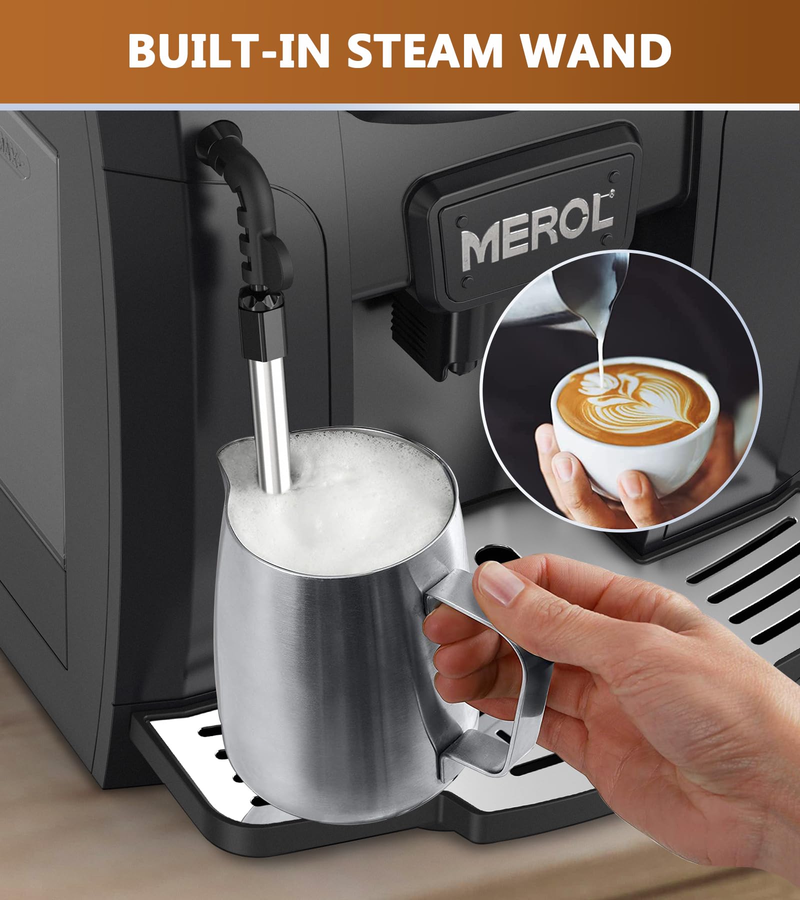 MEROL Automatic Espresso Coffee Machine, 19 Bar Barista Pump Coffee Maker with Grinder and Manual Milk Frother Steam Wand for Cappuccino Latte Macchiato, Black