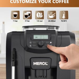 MEROL Automatic Espresso Coffee Machine, 19 Bar Barista Pump Coffee Maker with Grinder and Manual Milk Frother Steam Wand for Cappuccino Latte Macchiato, Black