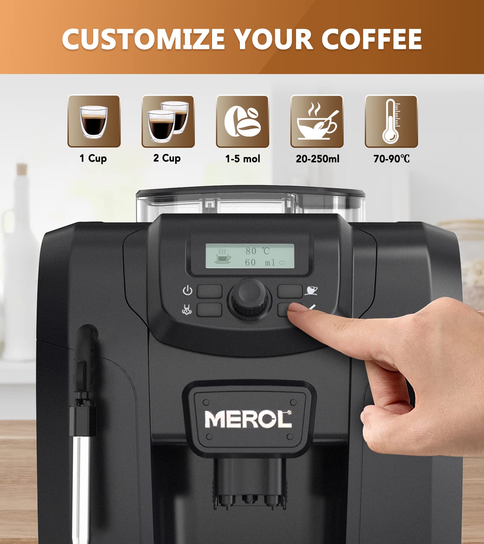 MEROL Automatic Espresso Coffee Machine, 19 Bar Barista Pump Coffee Maker with Grinder and Manual Milk Frother Steam Wand for Cappuccino Latte Macchiato, Black