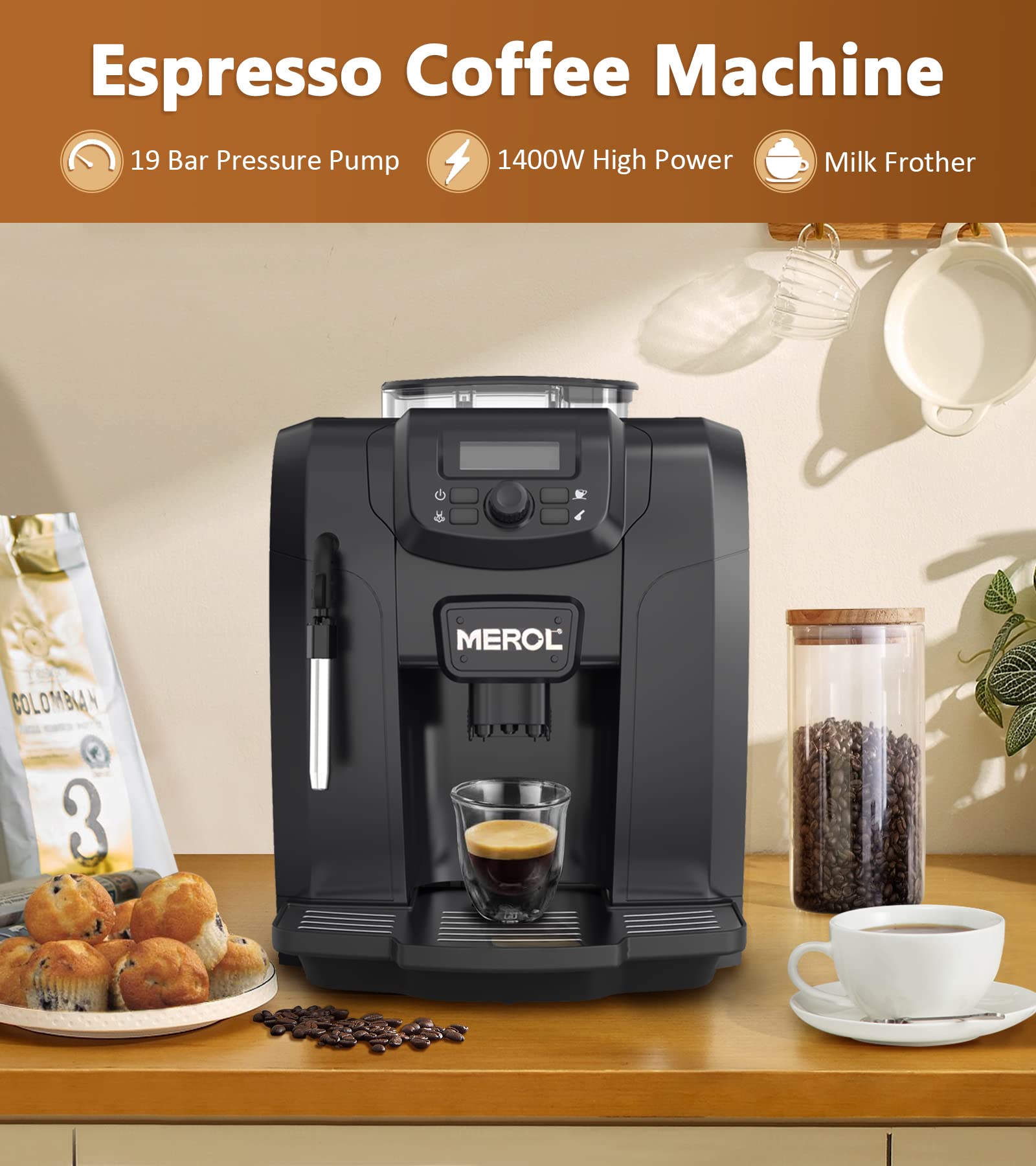 MEROL Automatic Espresso Coffee Machine, 19 Bar Barista Pump Coffee Maker with Grinder and Manual Milk Frother Steam Wand for Cappuccino Latte Macchiato, Black