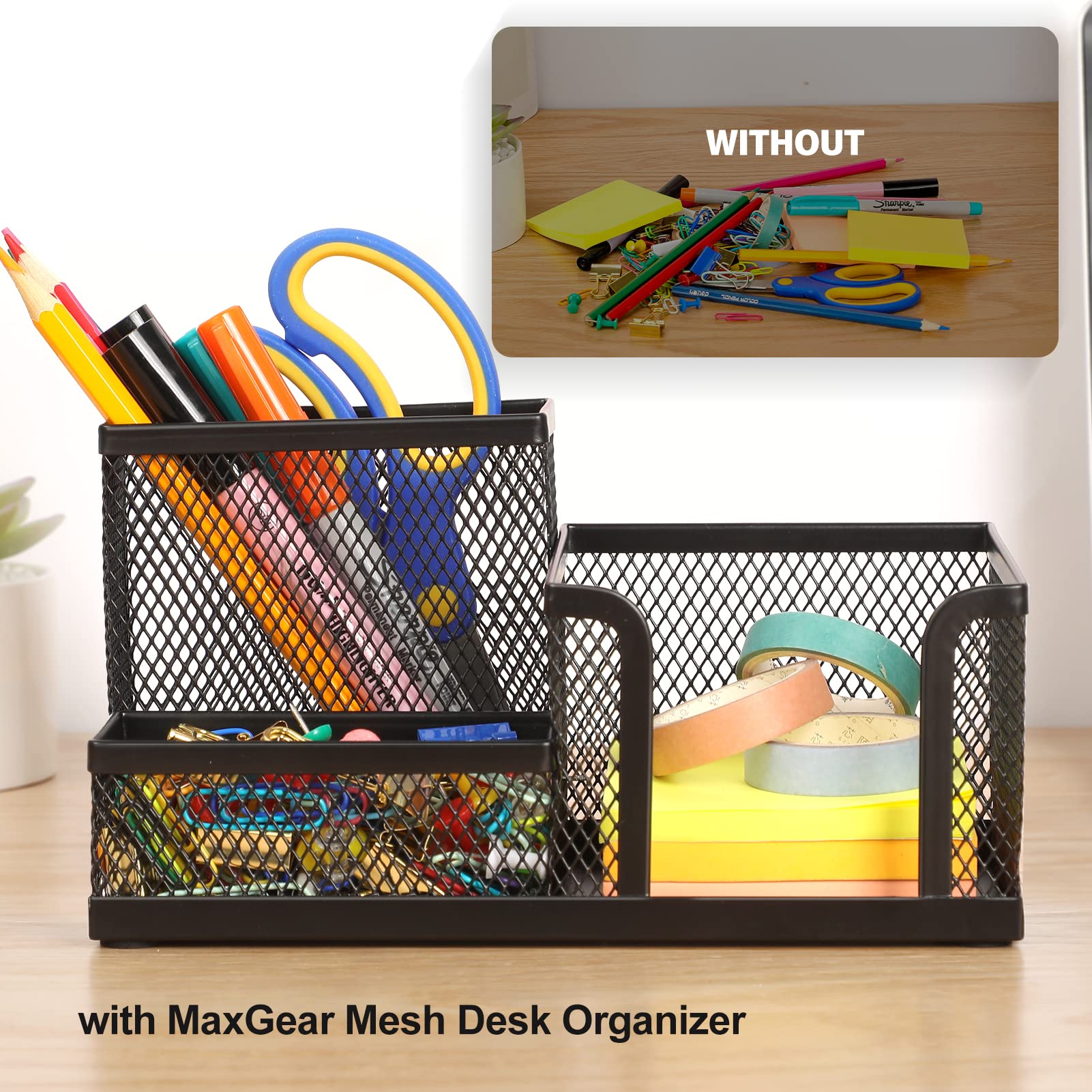 MaxGear Mesh Pen Holder for Desk Pencil Holder Desk Organizer 3 Compartments, Office Supplies Pen Organizer Desk Caddy Desktop Storage Stationary Organizer, Office Desk Accessories School, Black