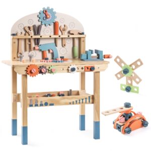 robotime kids tool bench set- large wooden work bench construction toys, workshop w/kid toys tool set (41 pieces) for toddlers boys girls age 3 4 5 6 7