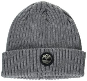 timberland men's ribbed watch cap with logo plate, light grey heather, one size