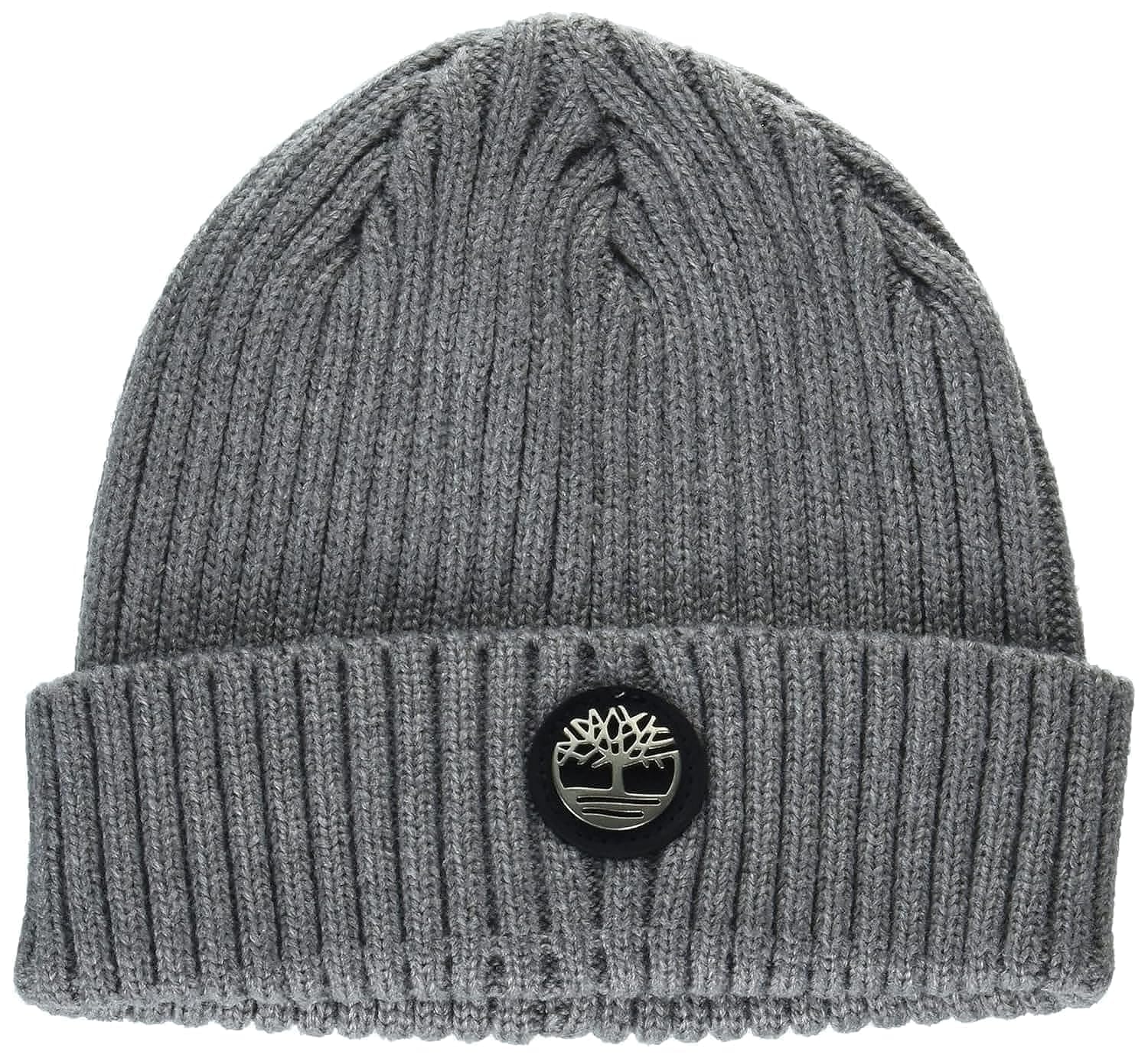 Timberland Men's Ribbed Watch Cap with Logo Plate, Light Grey Heather, One Size