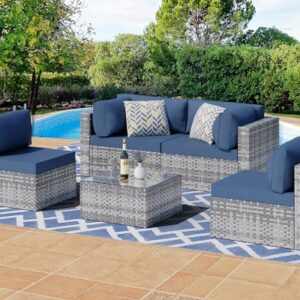 Shintenchi 5 Pieces Outdoor Patio Sectional Sofa Couch, Silver Gray PE Wicker Furniture Conversation Sets with Washable Cushions & Glass Coffee Table for Garden, Poolside, Backyard (Aegean Blue)