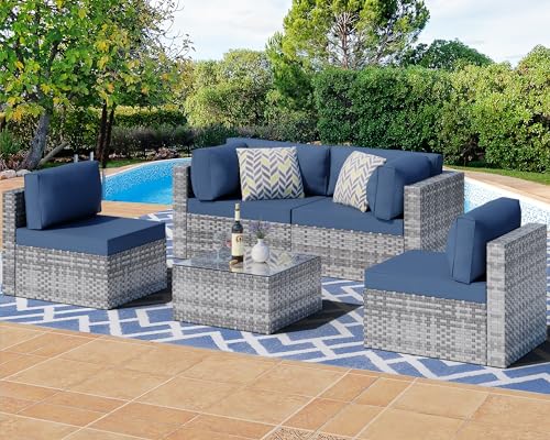 Shintenchi 5 Pieces Outdoor Patio Sectional Sofa Couch, Silver Gray PE Wicker Furniture Conversation Sets with Washable Cushions & Glass Coffee Table for Garden, Poolside, Backyard (Aegean Blue)