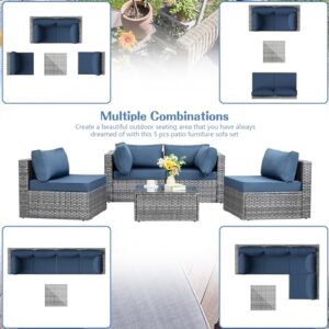 Shintenchi 5 Pieces Outdoor Patio Sectional Sofa Couch, Silver Gray PE Wicker Furniture Conversation Sets with Washable Cushions & Glass Coffee Table for Garden, Poolside, Backyard (Aegean Blue)