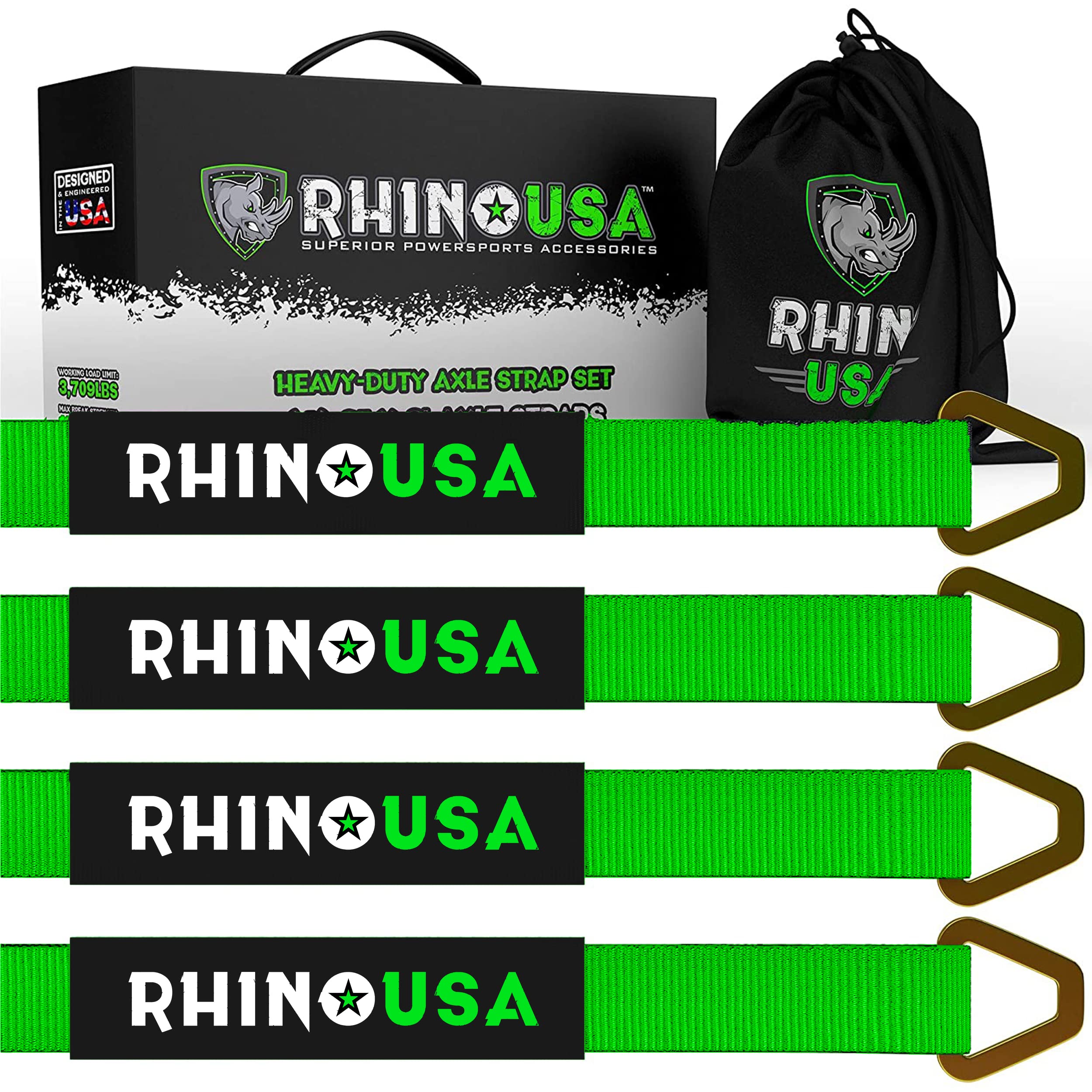 Rhino USA Axle Tie Down Straps - Lab Tested 11,128lb. Break Strength - Heavy Duty Protective Sleeves & D Rings to Ensure Peace of Mind - Used for Car, Truck, Trailer, UTV & More! (4-Pack Set Green)