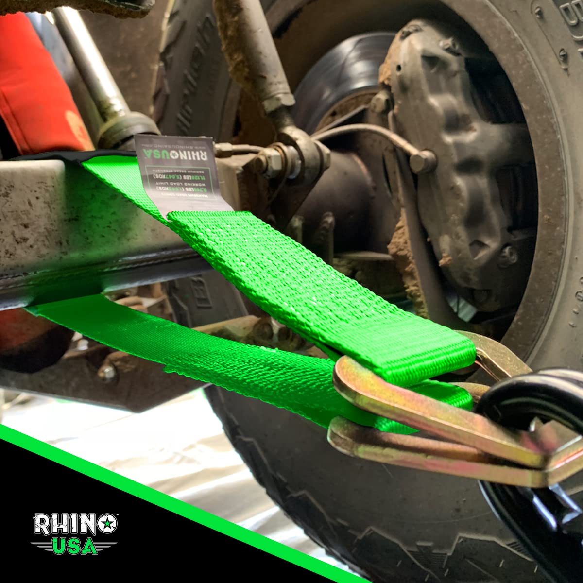 Rhino USA Axle Tie Down Straps - Lab Tested 11,128lb. Break Strength - Heavy Duty Protective Sleeves & D Rings to Ensure Peace of Mind - Used for Car, Truck, Trailer, UTV & More! (4-Pack Set Green)