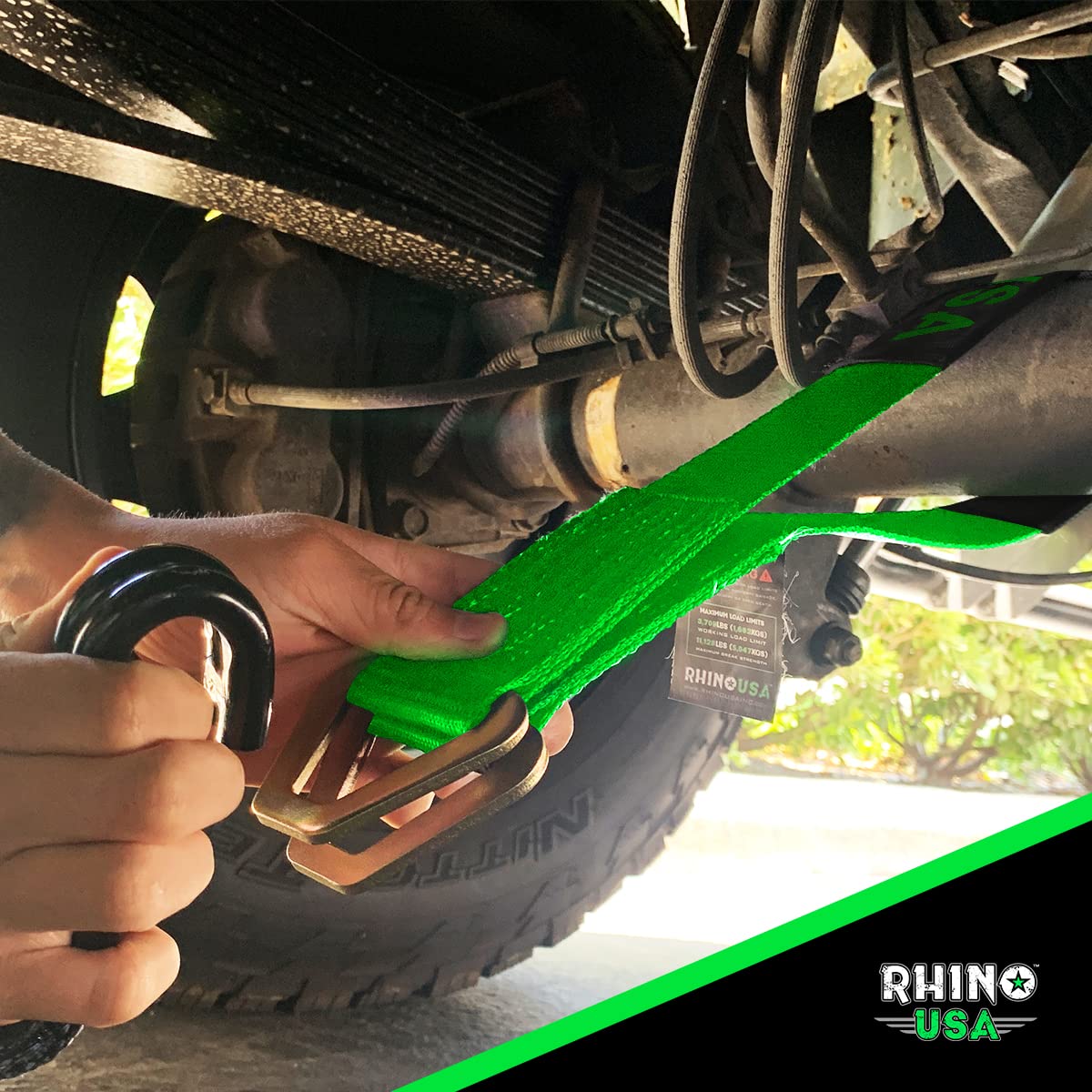 Rhino USA Axle Tie Down Straps - Lab Tested 11,128lb. Break Strength - Heavy Duty Protective Sleeves & D Rings to Ensure Peace of Mind - Used for Car, Truck, Trailer, UTV & More! (4-Pack Set Green)