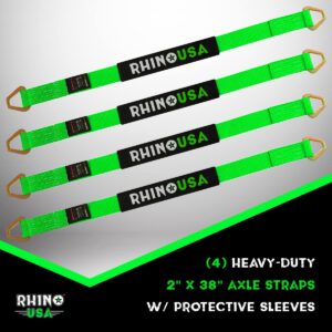 Rhino USA Axle Tie Down Straps - Lab Tested 11,128lb. Break Strength - Heavy Duty Protective Sleeves & D Rings to Ensure Peace of Mind - Used for Car, Truck, Trailer, UTV & More! (4-Pack Set Green)