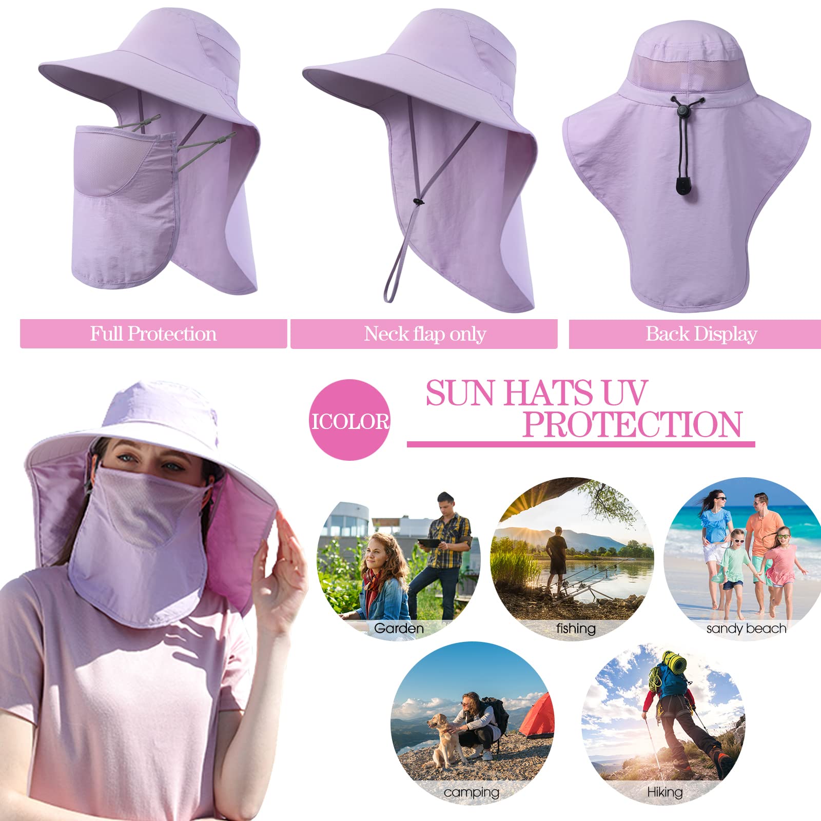 icolor Women Sun Hat UPF 50+ Wide Brim Sunscreen Visor Sun Protection Cap w/12 Neck Flap Sun Shade Hat for Girl Lady