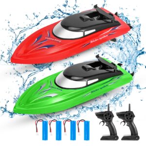 lumiparty 2pack rc boat,remote control boats for kids and adults,10km/h 2.4g high speed remote control boat,fast rc boats for pools and lakes with 4 rechargeable battery.(red+green)