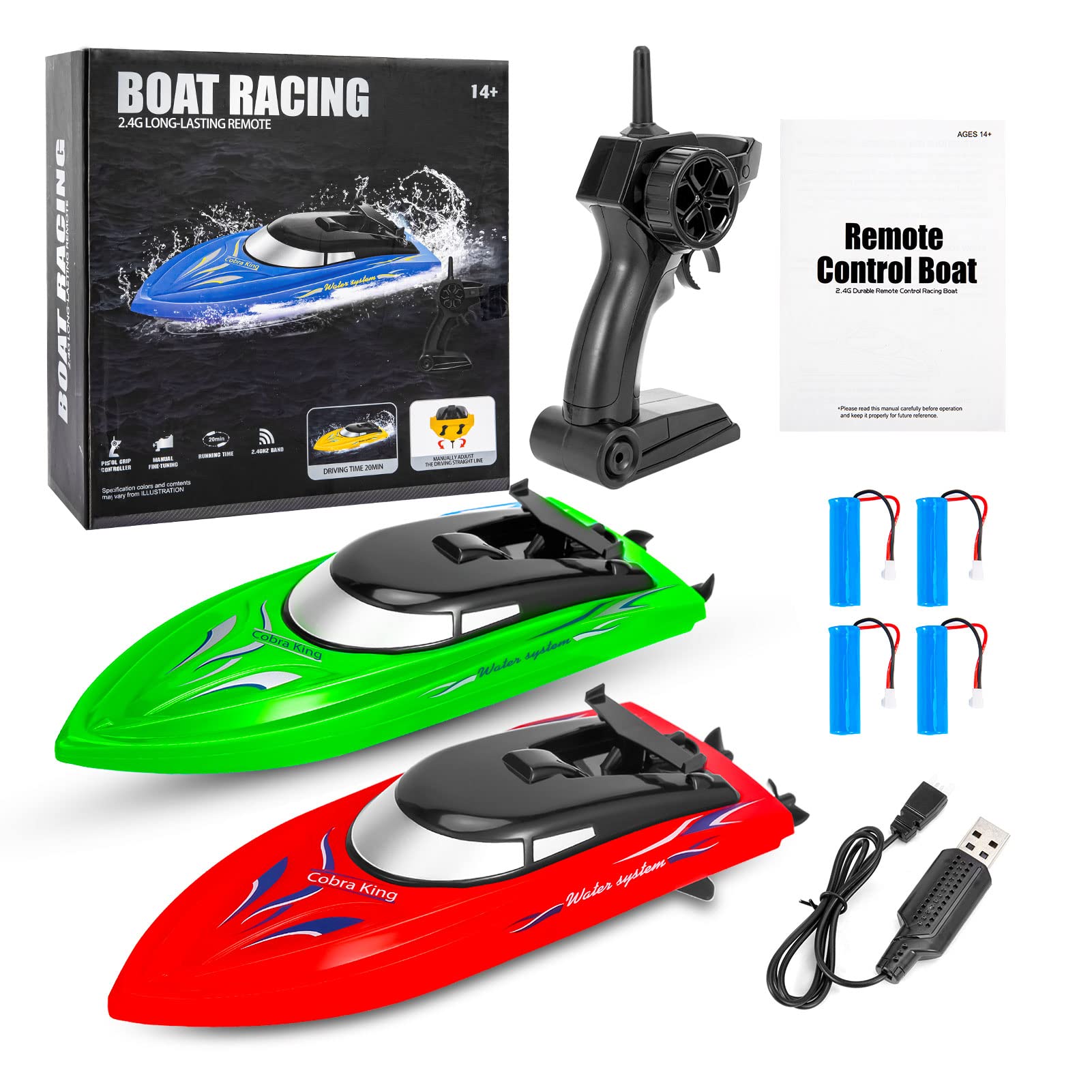 Lumiparty 2PACK RC Boat,Remote Control Boats for Kids and Adults,10km/H 2.4G High Speed Remote Control Boat,Fast RC Boats for Pools and Lakes with 4 Rechargeable Battery.(Red+Green)