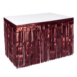 beistle 1-ply metallic plastic foil fringe table skirt parade floats, mardi gras party, birthday decorations, baby shower celebration, wedding reception, 30" x 14', burgundy