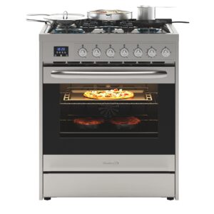 koolmore km-fr30g-ss 30” inch professional gas range stove with 5 burner cooktop, rapid convection oven, and digital timer with heavy-duty cast iron grates, stainless-steel appliance, 30 inch, silver