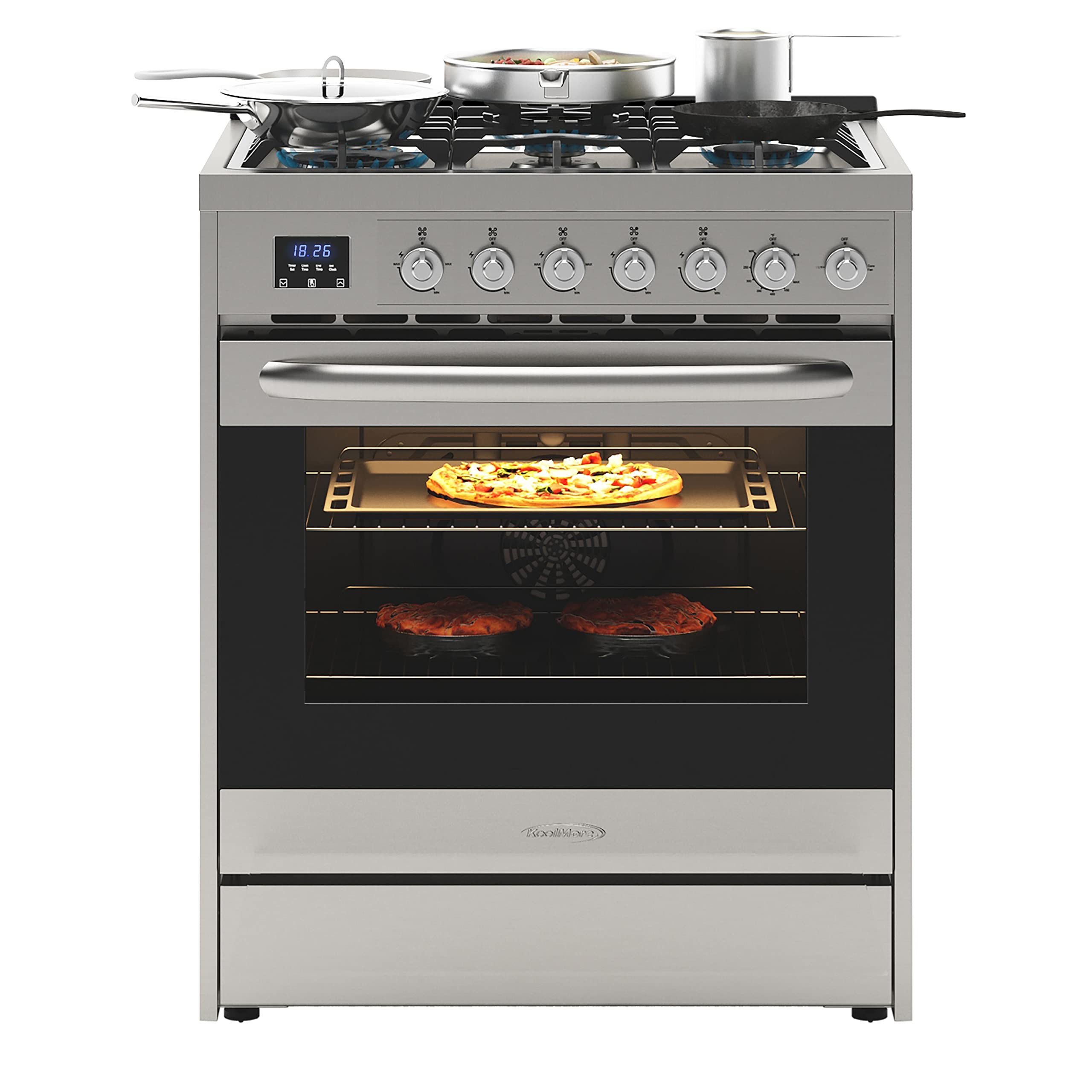 KoolMore KM-FR30G-SS 30” Inch Professional Gas Range Stove with 5 Burner Cooktop, Rapid Convection Oven, and Digital Timer with Heavy-Duty Cast Iron Grates, Stainless-Steel Appliance, 30 Inch, Silver