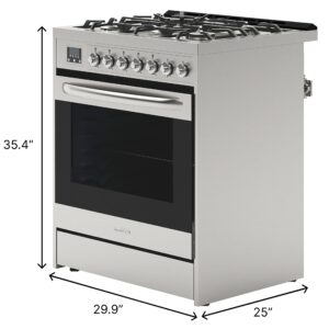 KoolMore KM-FR30G-SS 30” Inch Professional Gas Range Stove with 5 Burner Cooktop, Rapid Convection Oven, and Digital Timer with Heavy-Duty Cast Iron Grates, Stainless-Steel Appliance, 30 Inch, Silver