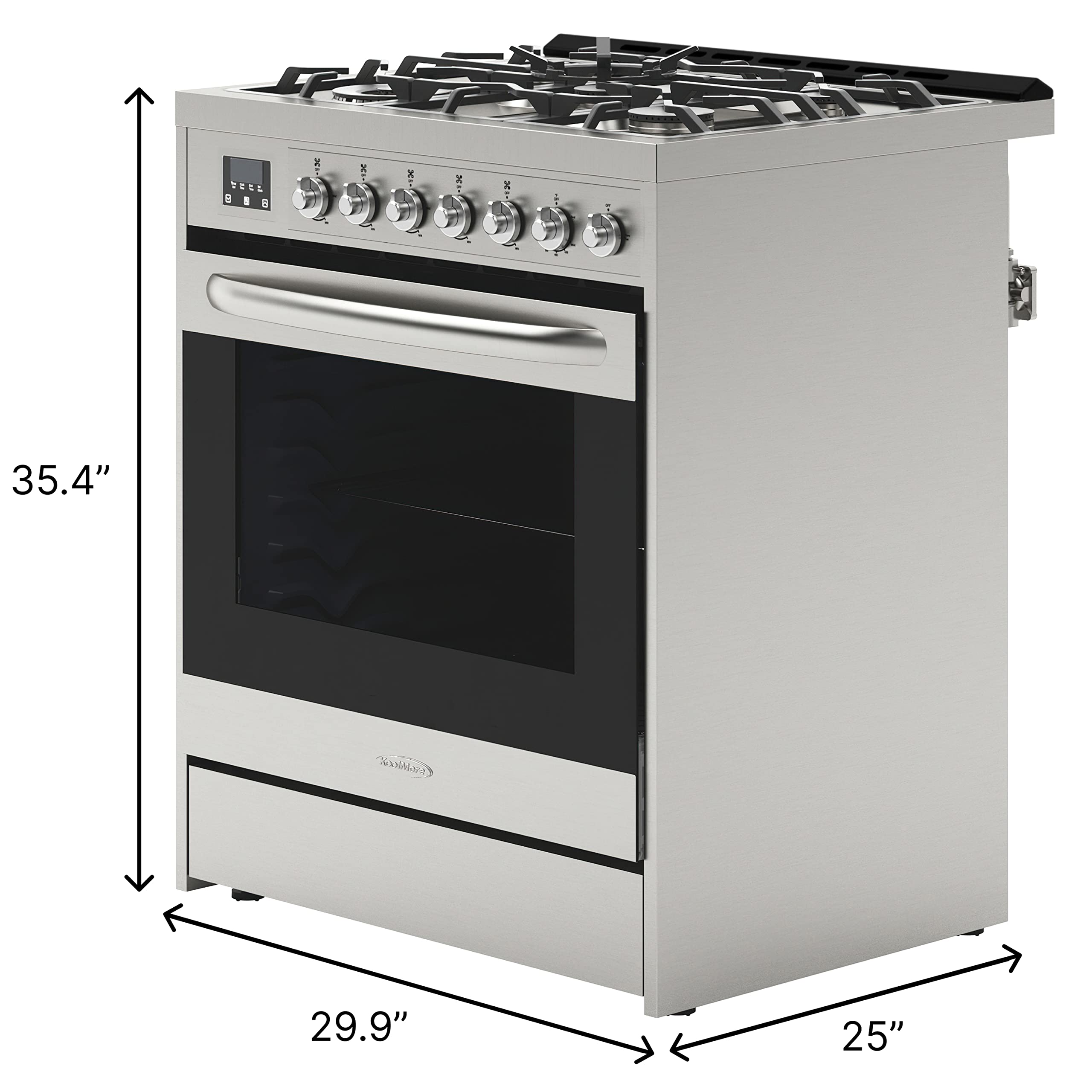 KoolMore KM-FR30G-SS 30” Inch Professional Gas Range Stove with 5 Burner Cooktop, Rapid Convection Oven, and Digital Timer with Heavy-Duty Cast Iron Grates, Stainless-Steel Appliance, 30 Inch, Silver