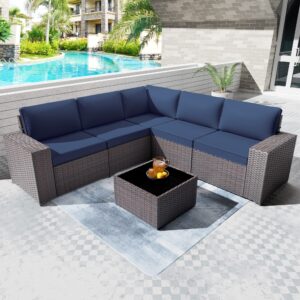 piltwoff 6 pieces outdoor furniture patio set,modern all-weather wicker patio conversation sets with 5 black&brown chairs and coffee table, cushion sets for garden/backyard/balcony(navy blue)