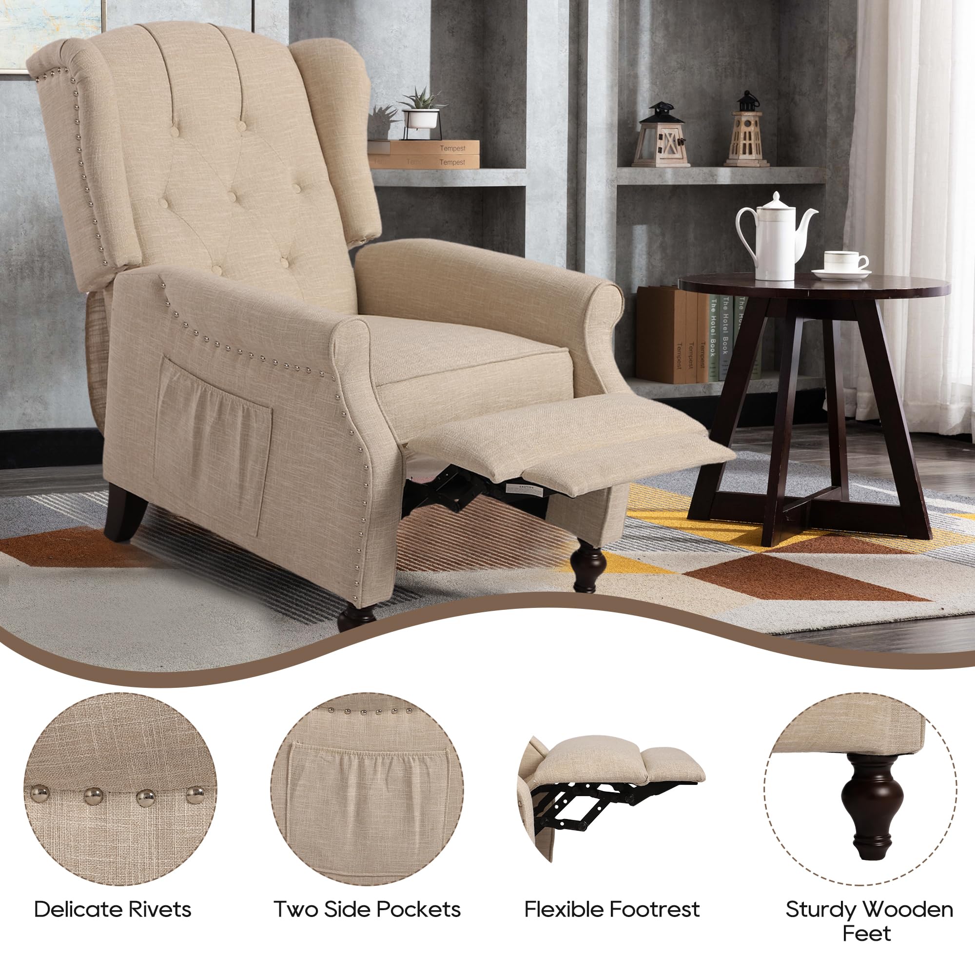 Consofa Wingback Recliner Chair with Massage and Heat Tufted Fabric Push Back Arm Chair for Living Room Vintage Recliner Chair with Remote Control, Padded Cushion, Backrest, Wooden Legs