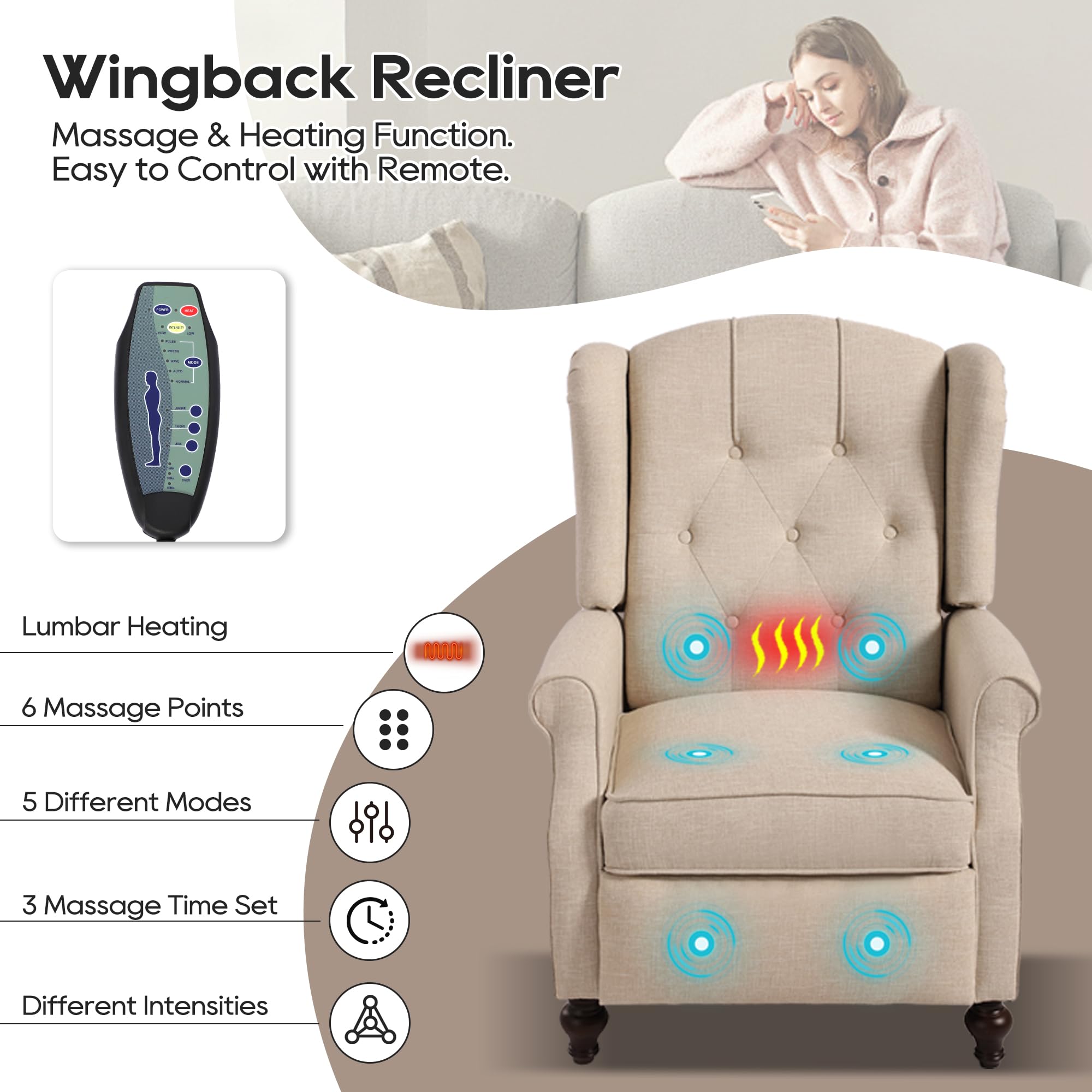 Consofa Wingback Recliner Chair with Massage and Heat Tufted Fabric Push Back Arm Chair for Living Room Vintage Recliner Chair with Remote Control, Padded Cushion, Backrest, Wooden Legs