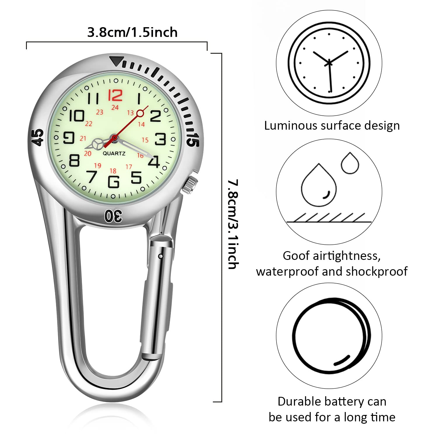 2 Pieces Clip on Quartz Watch Backpack Fob Belt Watch Glow in The Dark Unisex Pocket Watch with White Dial for Doctors Nurses Outdoor Activities (Black, Silver)