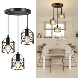 licperron industrial 3-light pendant light, adjustable kitchen hanging ceiling light fixtures with metal cage, black farmhouse pendant lighting for kitchen island dining room hallway, e26 base