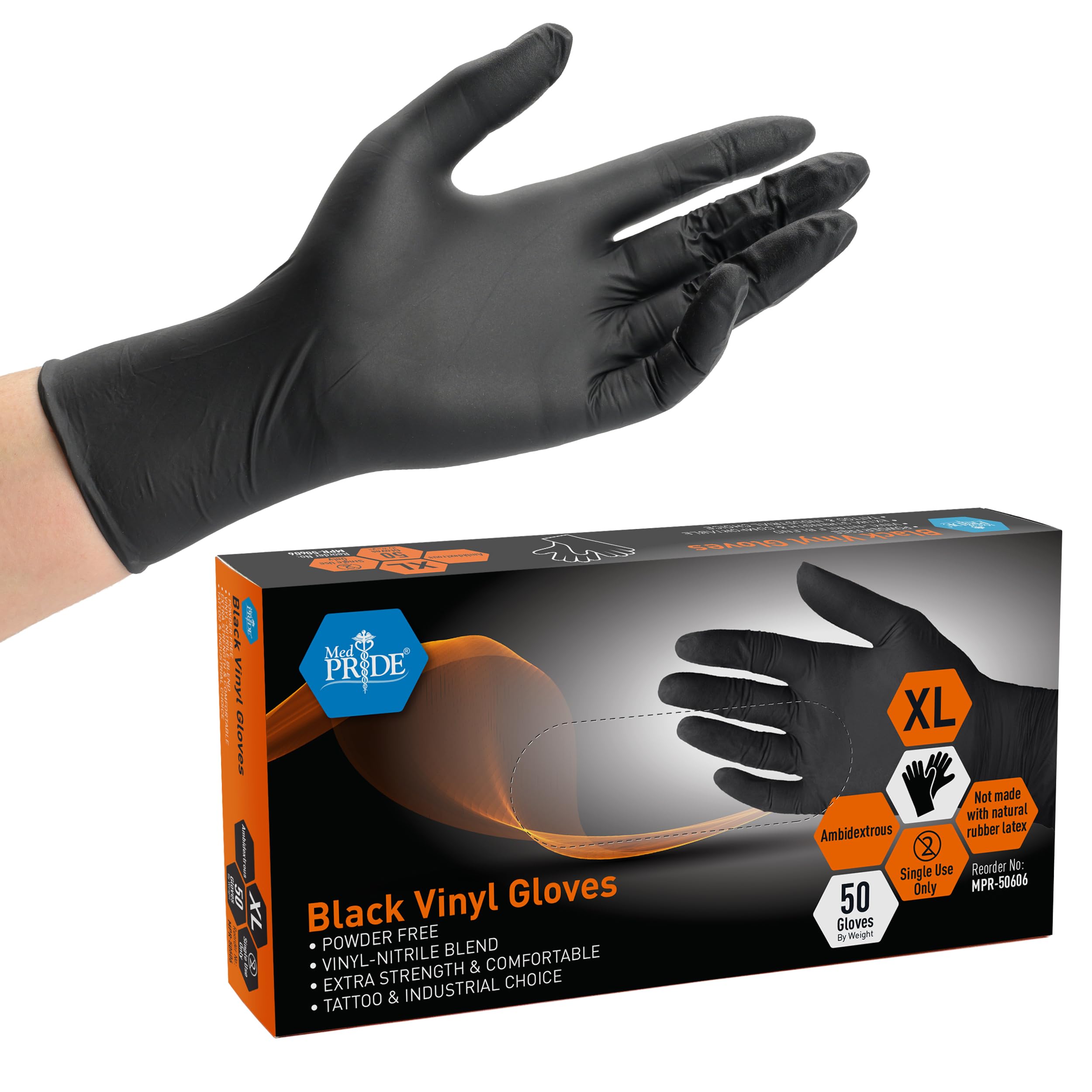 MED PRIDE Extra Strength Vinyl Disposable Gloves, Large 50 Pack - Black Ambidextrous Powder & Latex-Free Surgical Gloves For Tattoo Artists, Cleaners, Food Prep, Home & Industrial Use