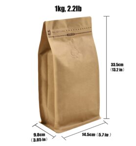 50 pieces 1 kg kraft paper stand up coffee bag/flat bottom pouch with air release valve and reusable side zipper. (50pcs, 2.2lb/32oz/1kg)